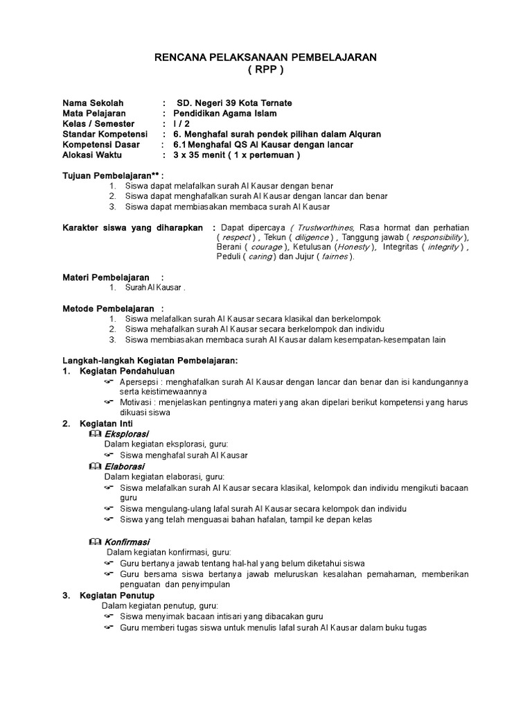 RPP PAI Kelas 1. Semester 2 | PDF