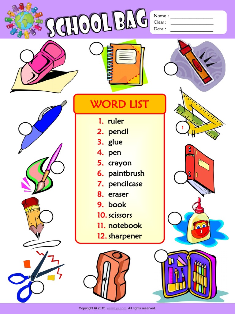 In My Schoolbag Esl Vocabulary Number the Pictures Worksheet for Kids