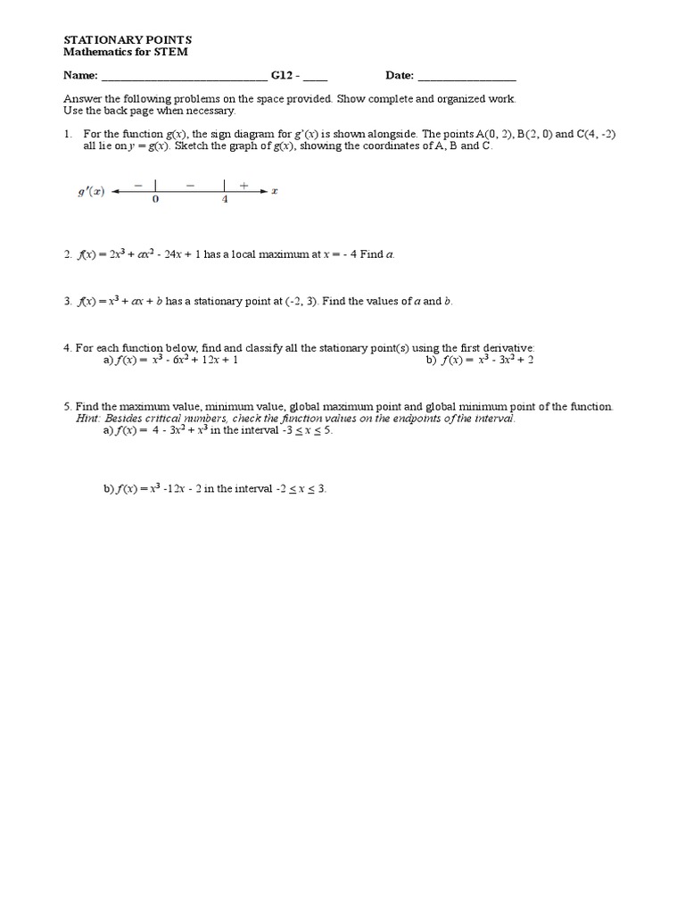 Worksheet On Stationary Points | PDF
