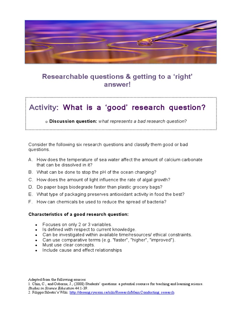 Classifying Research Questions: Characteristics of Good Questions and ...