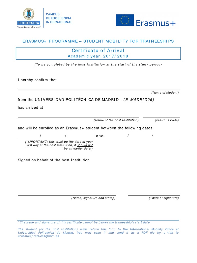 Certificate of Arrival: Erasmus+ Programme - Student Mobility For ...