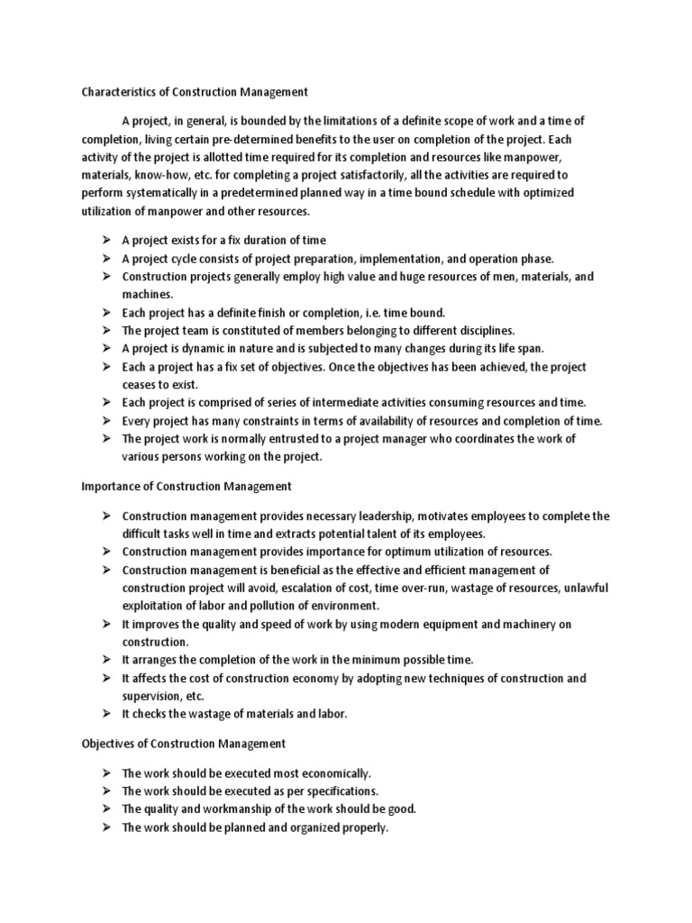 Key Characteristics of Construction Management | PDF | Construction ...