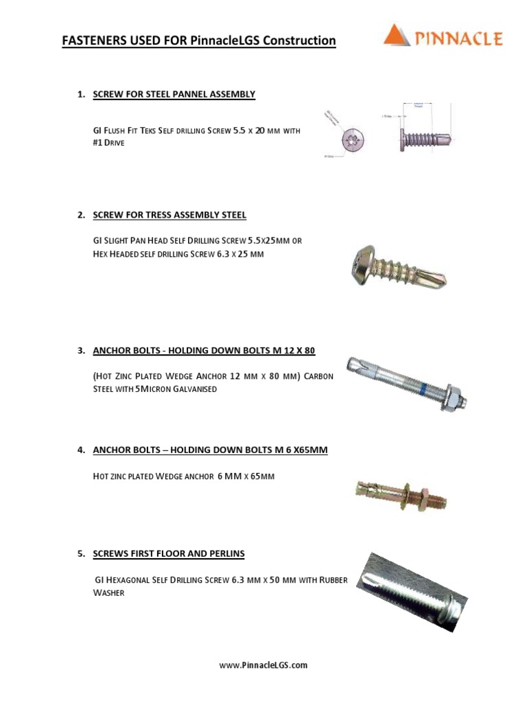 Screws Details Pinnacle LGS | PDF | Joining | Screw
