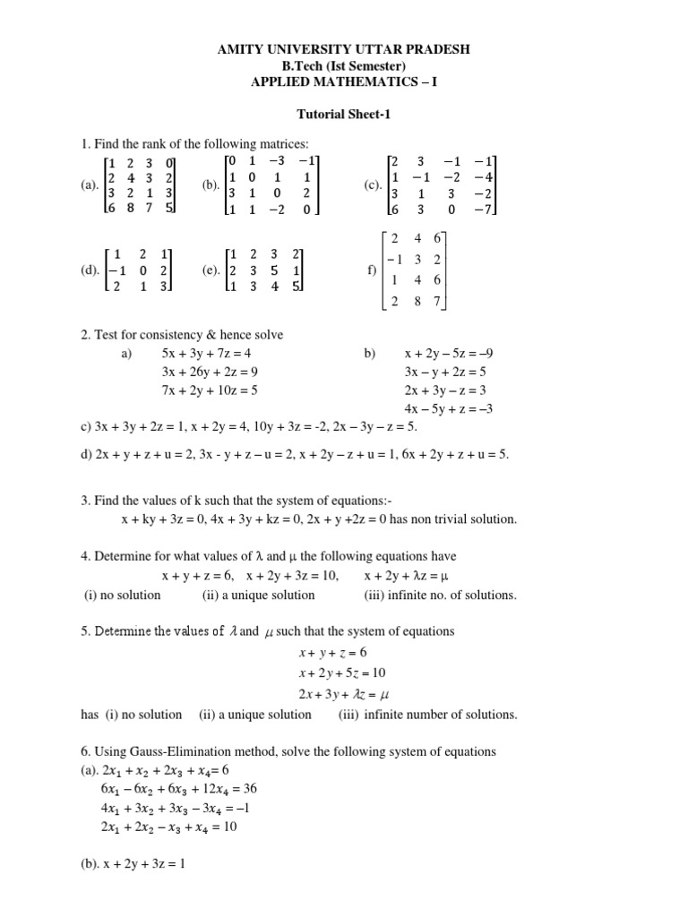 Applied Mathematics 1 - Tut Sheets | PDF | Matrix (Mathematics ...