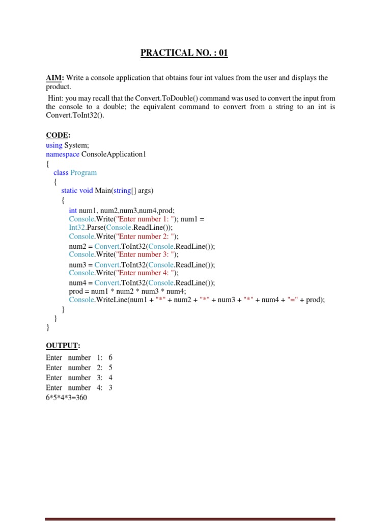 Practical No.: 01: AIM: Write A Console Application That Obtains Four Int Values From The User ...