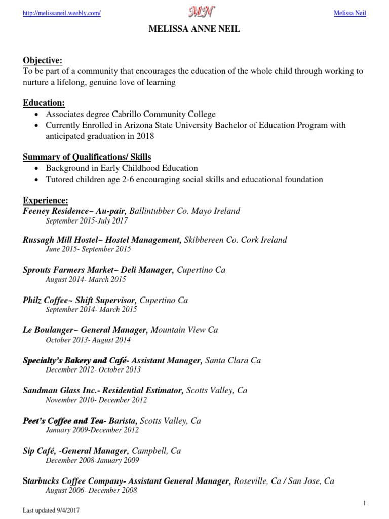 Melissa Neil Resume | PDF | Career & Growth | Cooking, Food & Wine