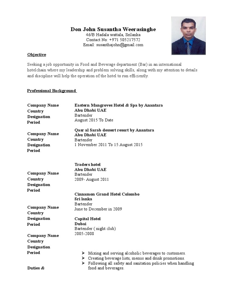 Susantha CV - New | Download Free PDF | Bar | Bartender