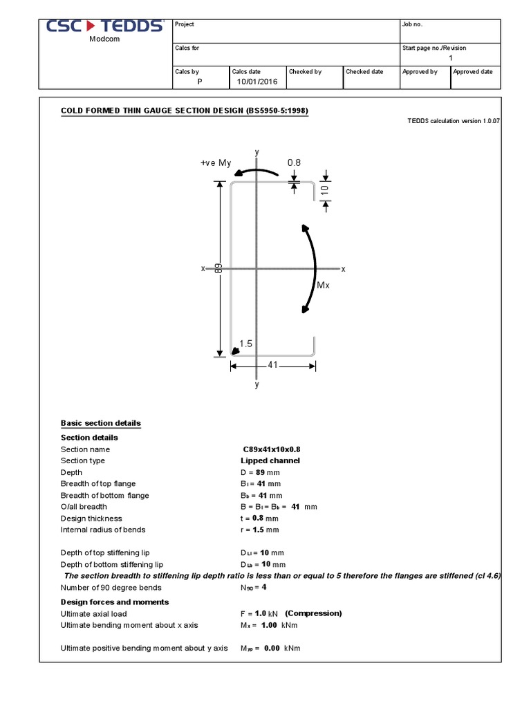 Y +ve My 0.8: Cold Formed Thin Gauge Section Design (Bs5950-5:1998 ...