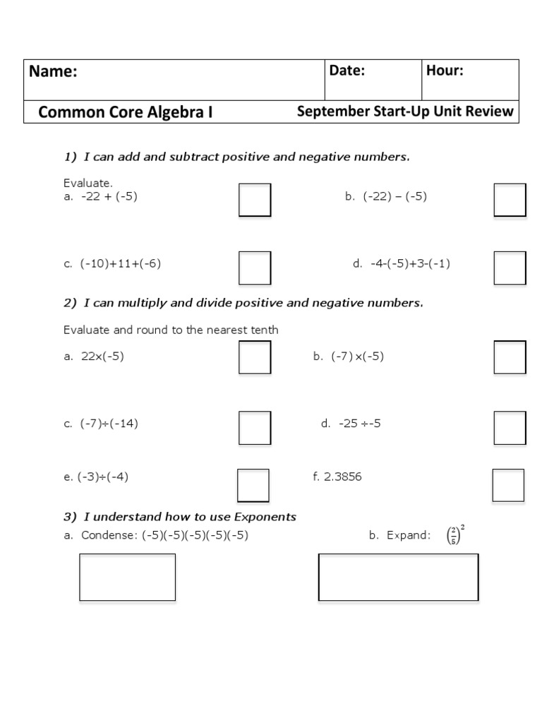 Name: Common Core Algebra I: Date: Hour: September Start-Up Unit Review ...