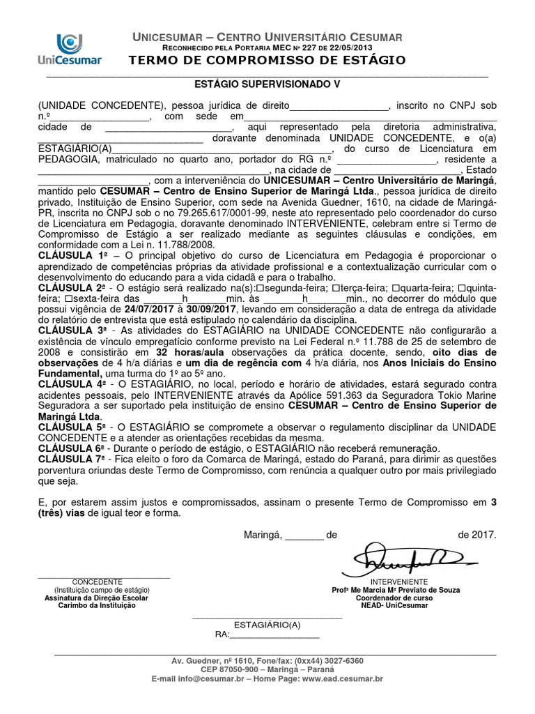 Termo de Compromisso de Estagio - Estagio 5 - 2017 | PDF | Pedagogia ... Termo de Compromisso de Estagio - Estagio 5 - 2017 | PDF | Pedagogia ...