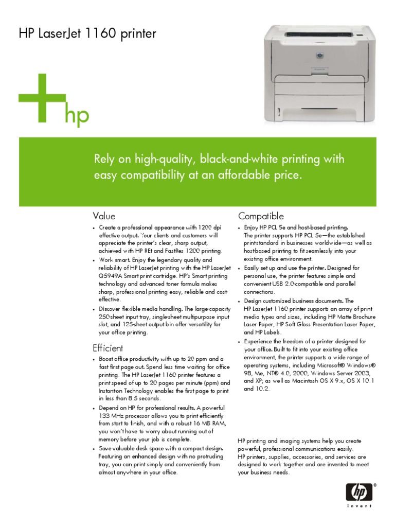 HP Laserjet 1160 Spec | PDF | Printer (Computing) | Media Technology