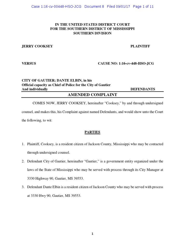 Gautier, MS - Jerry Cooksey Lawsuit Against City and Police Chief Dante ...