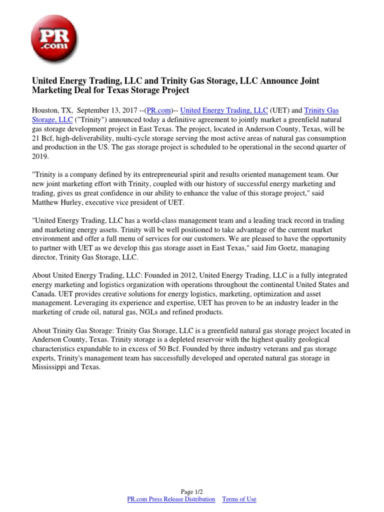 United Energy Trading, LLC and Trinity Gas Storage, LLC Announce Joint ...