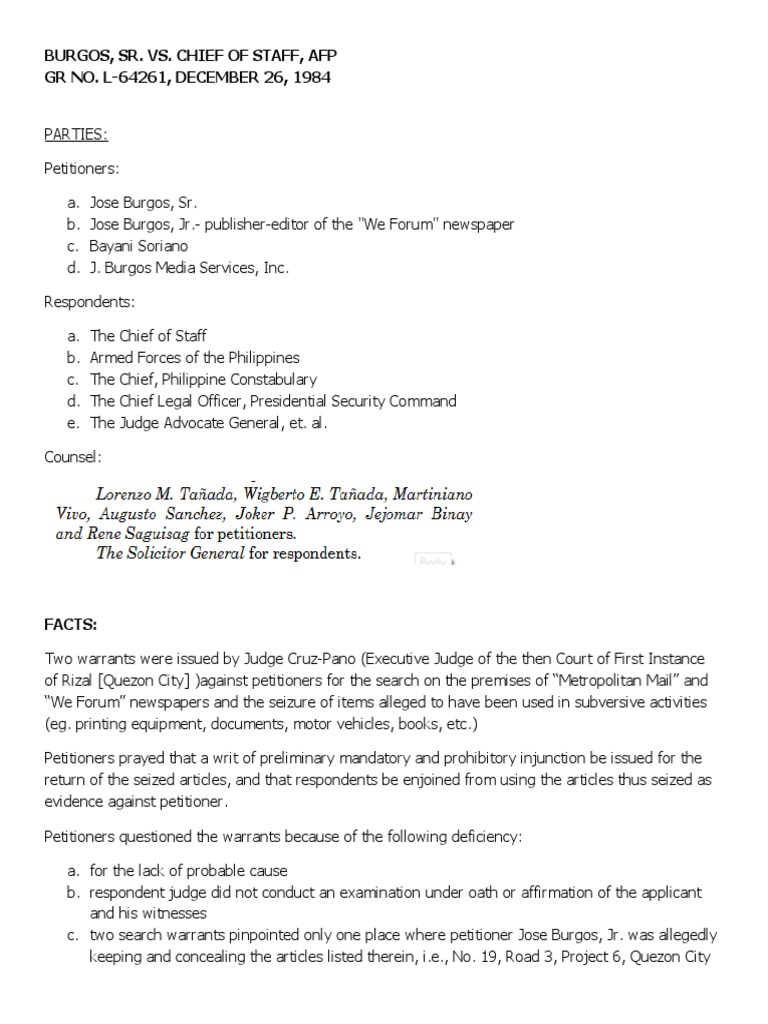 Burgos, Sr. vs. Chief of Staff - Digest | PDF | Search And Seizure ...