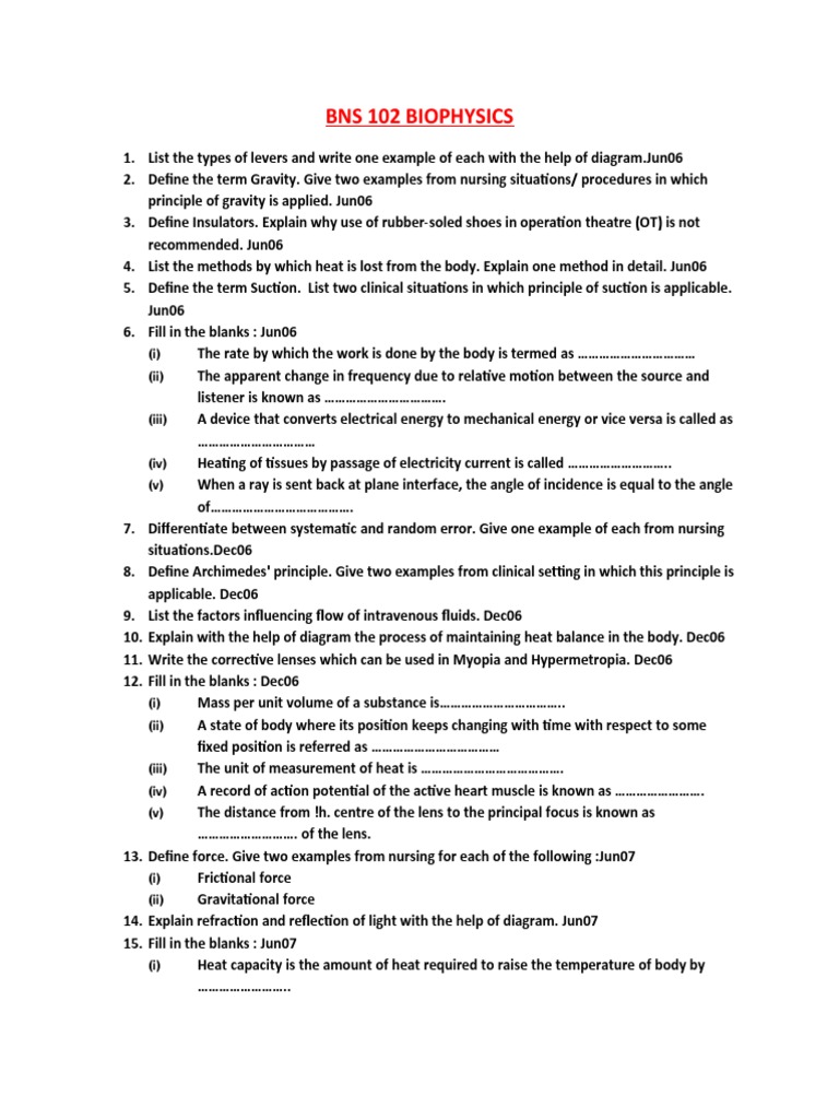 Bns 102 Biophysics Question Paper | PDF | Heat | Force