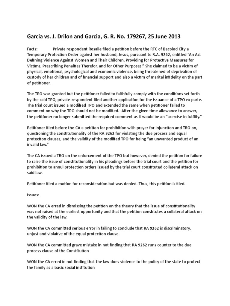 GR 179267 Garcia V Drilon | PDF | Equal Protection Clause | Constitutionality