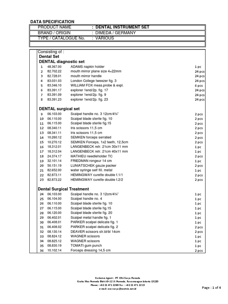 Specifications Dental Instrument Set - Dimeda - Various PDF | PDF