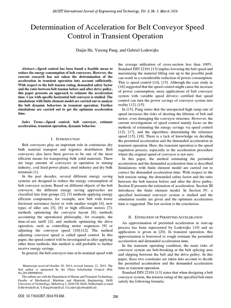 Determination Of Acceleration For Belt Conveyor Speed Pdf Belt