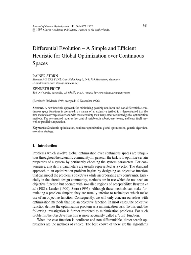 Differential Evolution - A Simple and Efficient Heuristic For Global Optimization Over ...