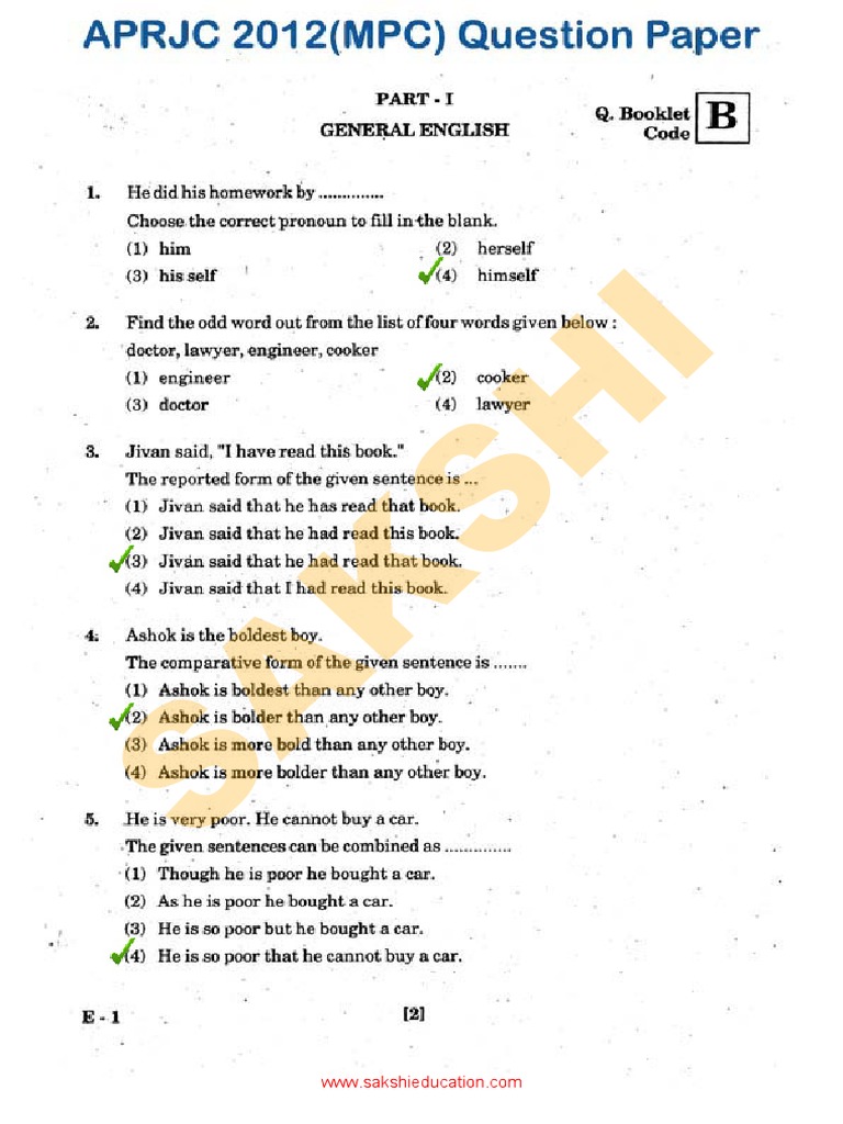 APRJC-2012 (MPC) Question Paper | PDF