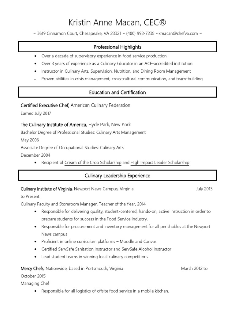 Kam Resume 2017 | PDF | Chef | Virginia