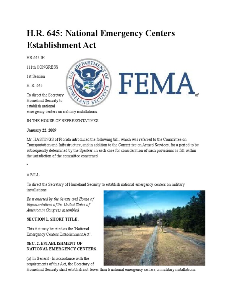 Rex 84 H R 645 National Emergency Centers Establishment Act | PDF ...