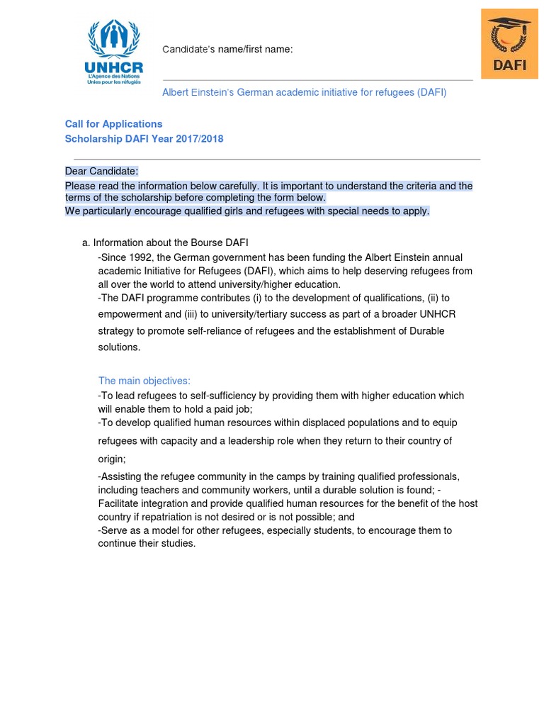 Formulaire de Demande DAFI EN | PDF | Refugee | Husband