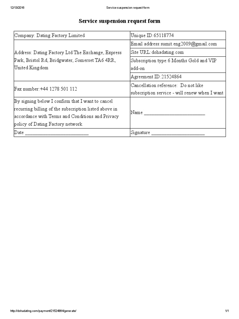 Service Suspension Request Form | PDF