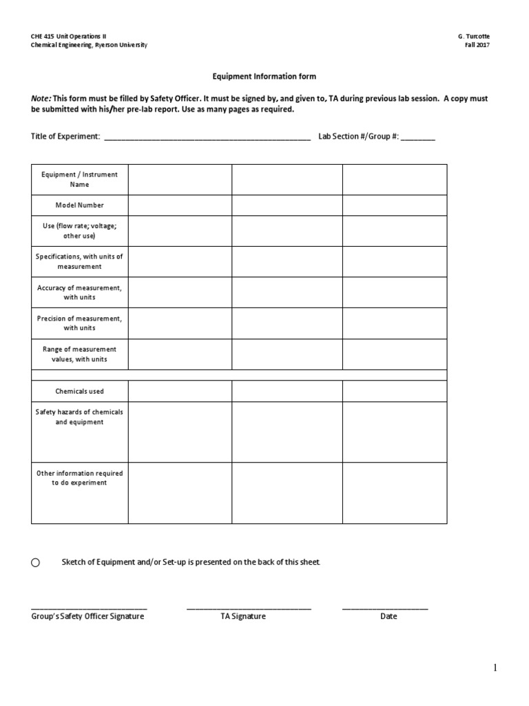Equipment Information Form: CHE 415 Unit Operations II G. Turcotte ...