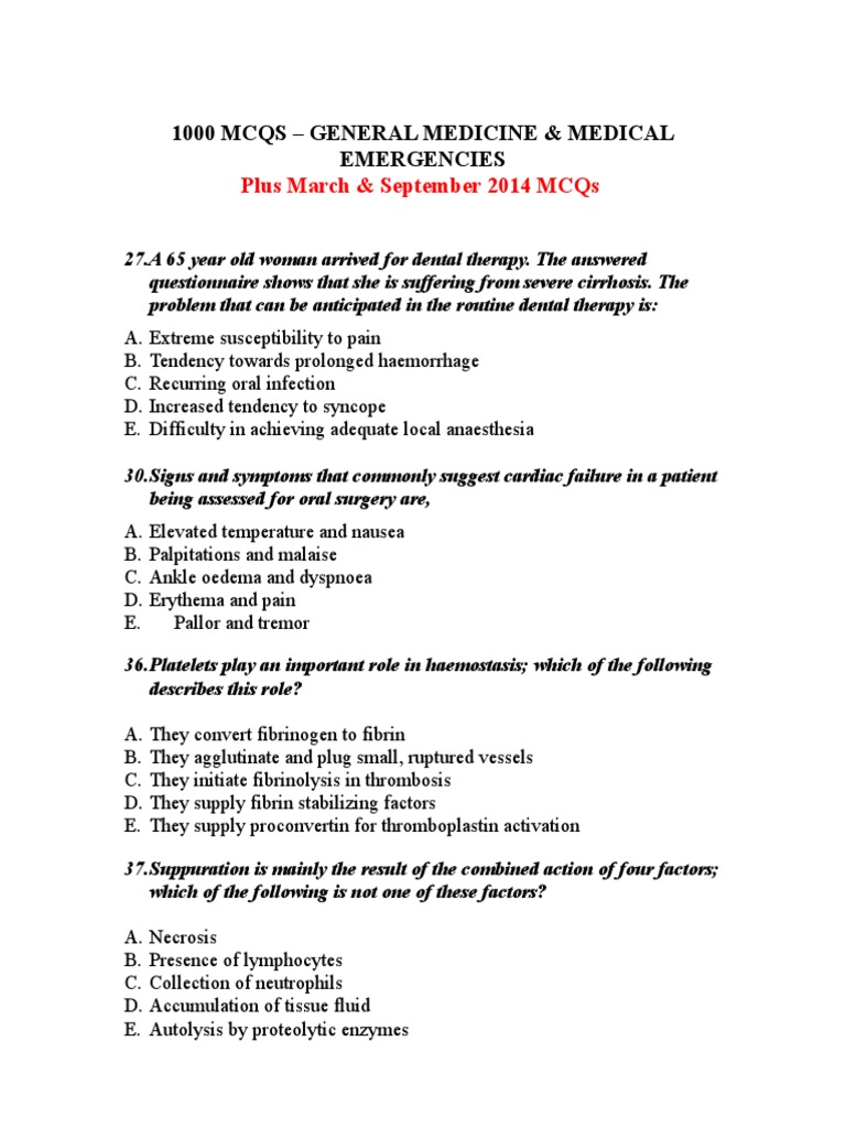 1000 MCQs on General Medicine & Emergencies | PDF | Thrombosis | Platelet