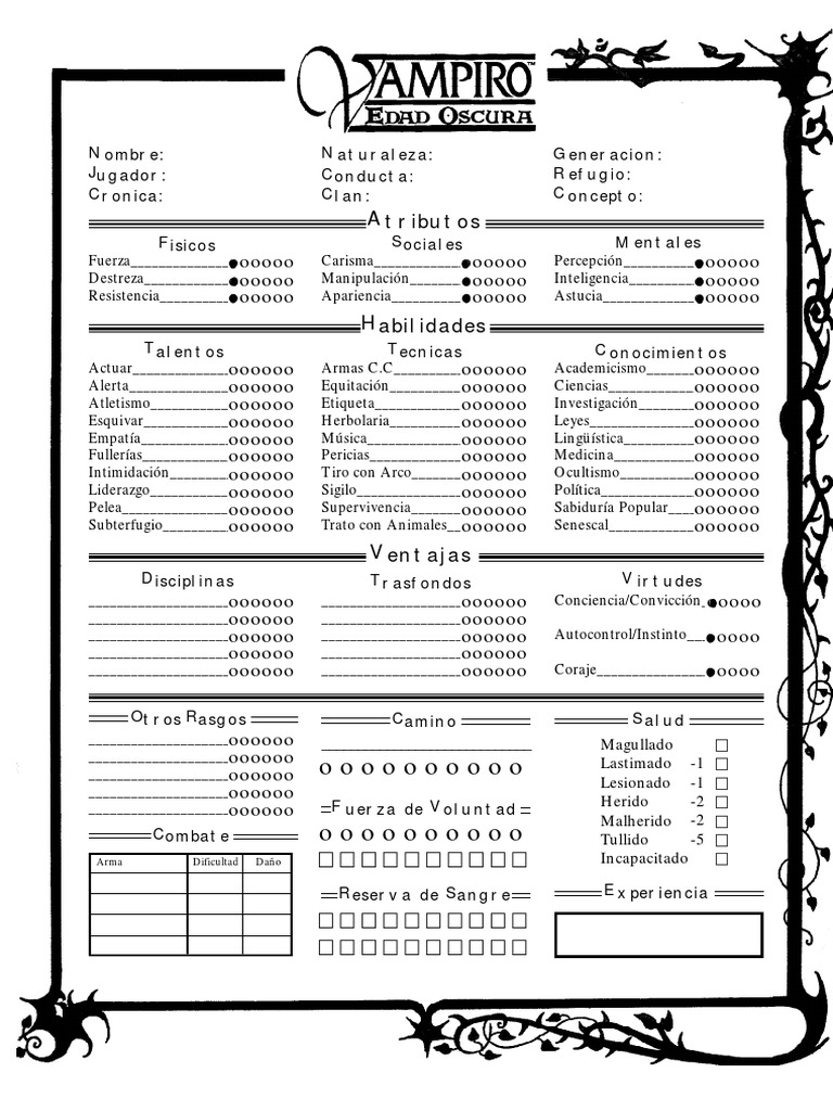 Vampiro, Edad Oscura - Hoja de Personaje PDF | PDF