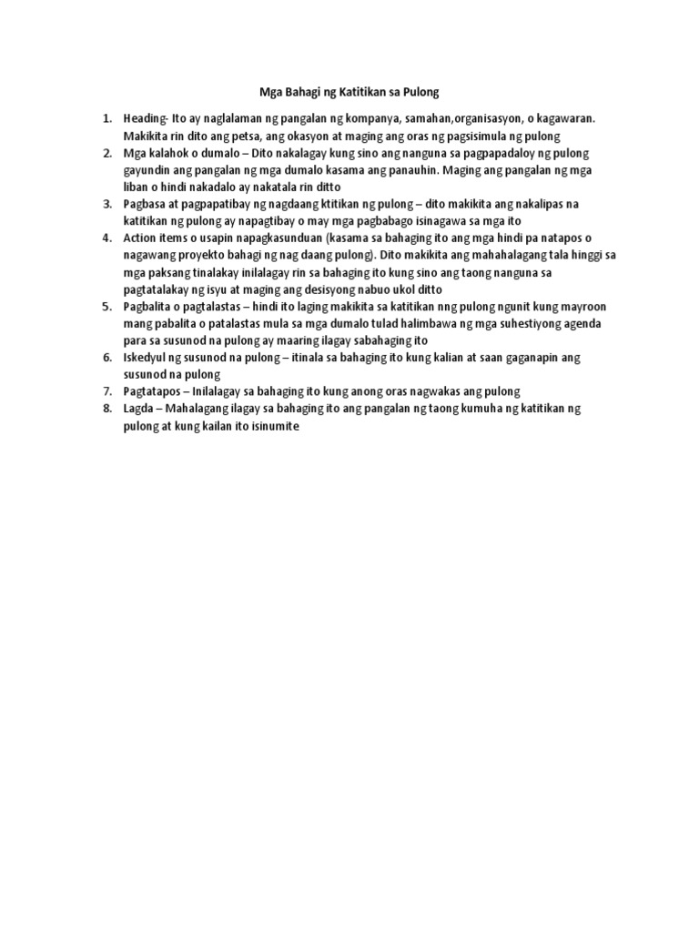 Mga Bahagi Ng Katitikan Sa Pulong