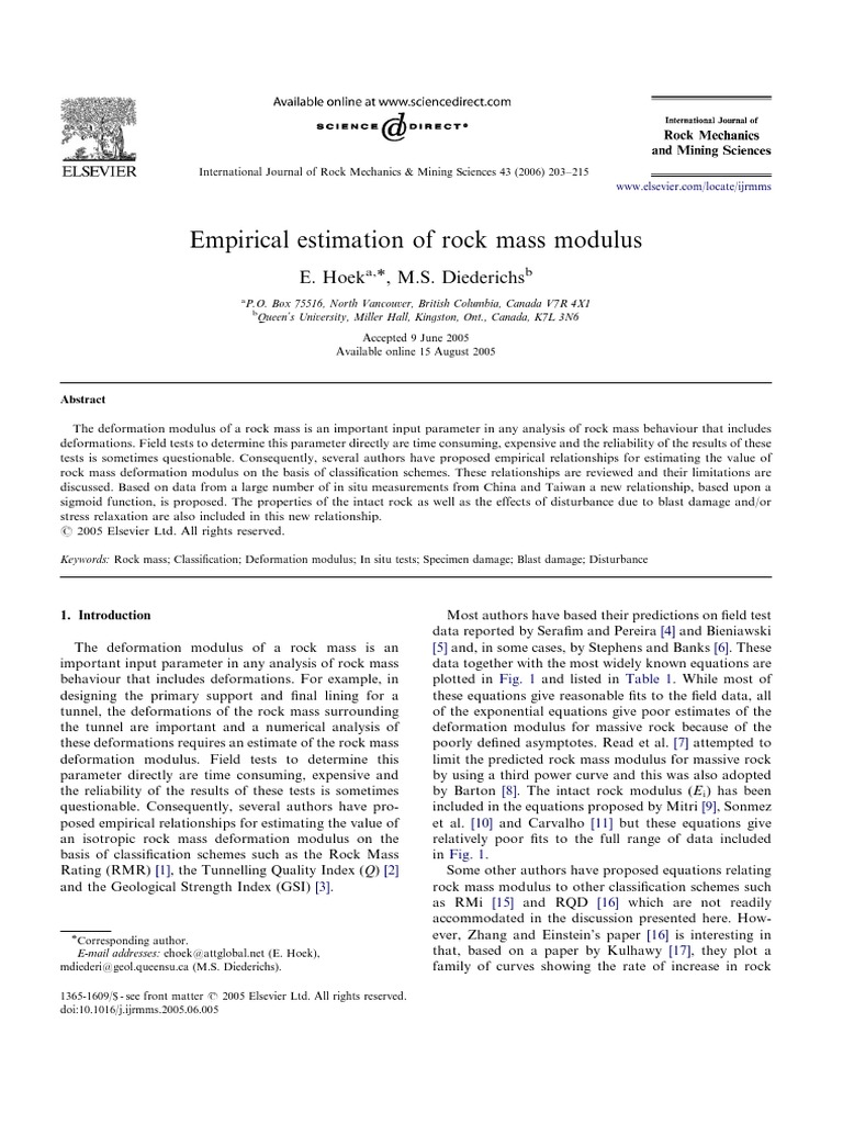 Hoek-Diederichs Rock Mass Modulus-2006 Edition | PDF | Strength Of ...