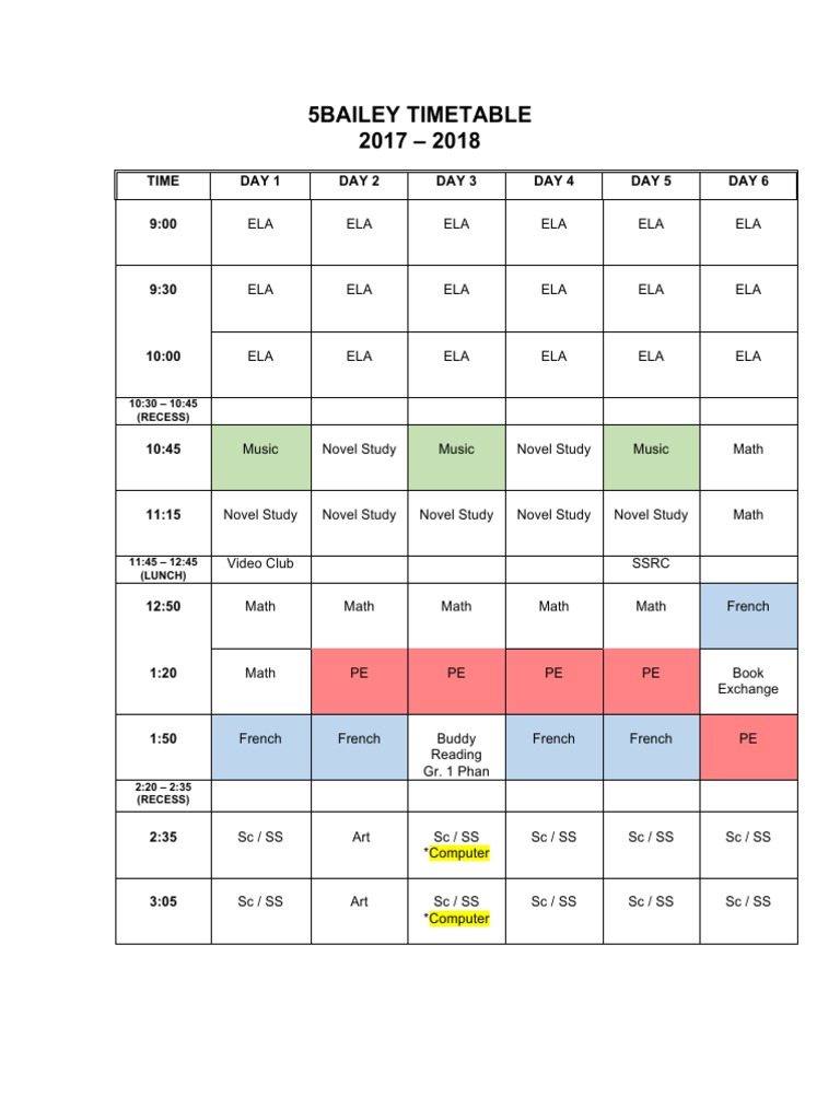 2017-2018 Timetable - Parent | PDF