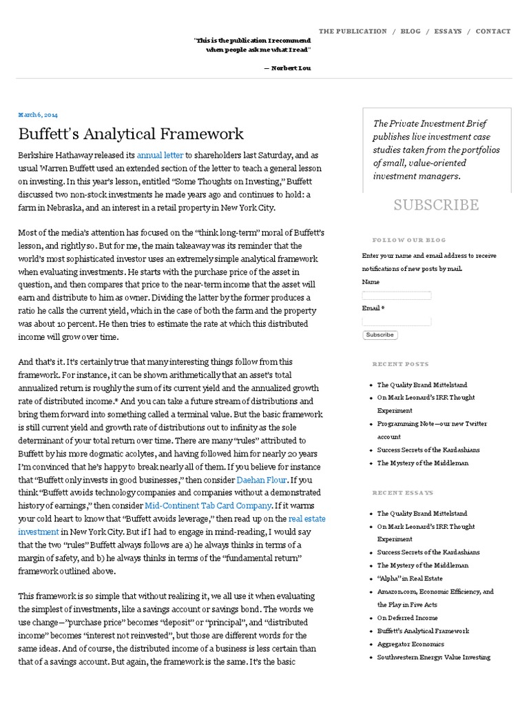 Value Investing - Buffett's Analytical Framework | PDF | Investing | Value Investing