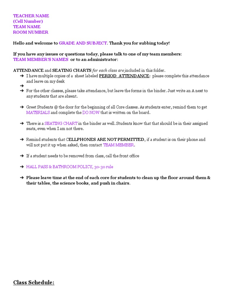 Substitute Teacher Guidelines and Plans | PDF