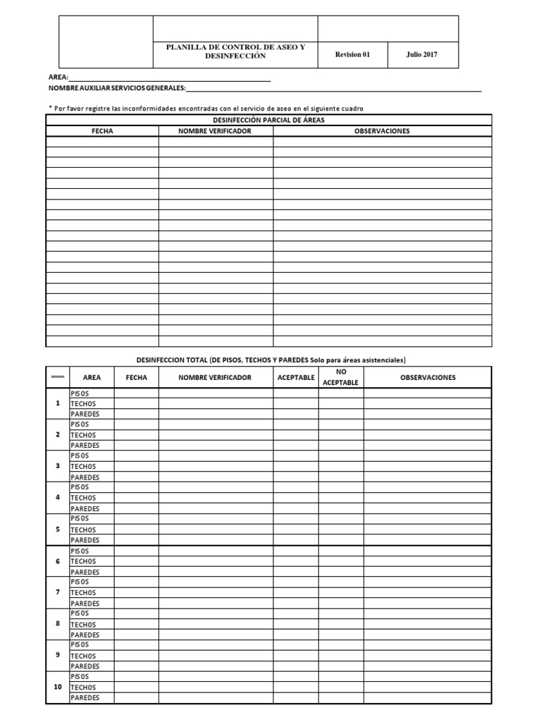 Planilla de Control de Aseo | PDF