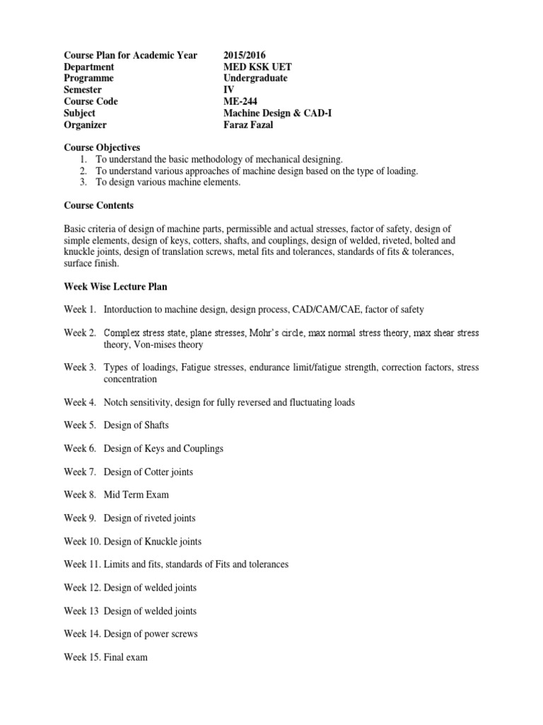 Machine Design & CAD-I Course Plan | PDF