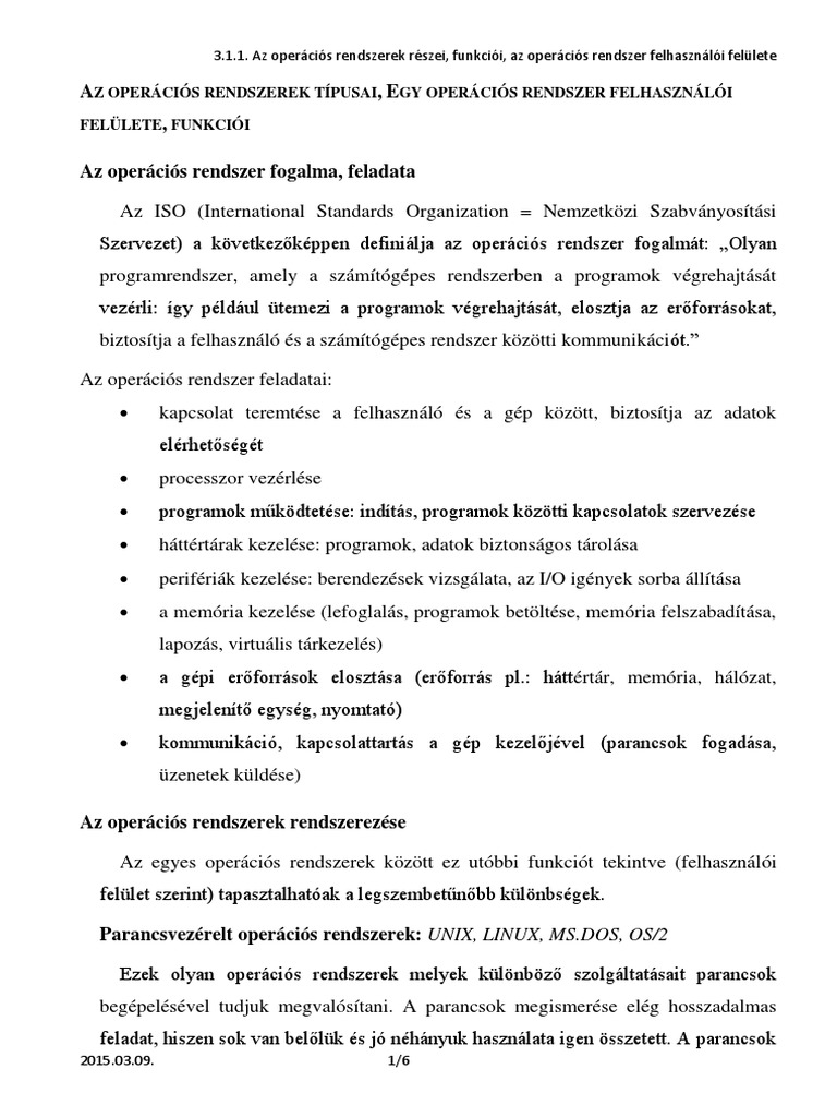 3.1.1. Az Operációs Rendszerek Részei, Funkciói, Az Operációs Rendszer ...