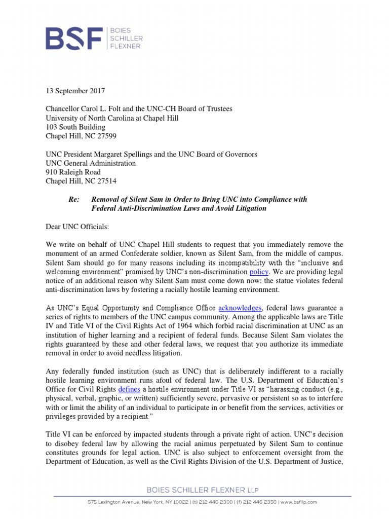 Letter To UNC About Silent Sam | PDF | University Of North Carolina At ...