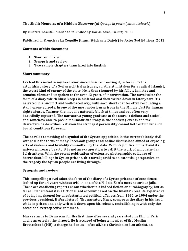 Mustafa Khalifa The Shell Synopsis Review and 2 Sample Chapters by Ruth ...