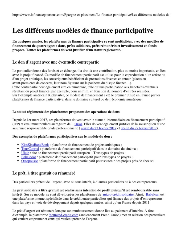 Les Differents Modeles De-Finance Participative | PDF | Banques | Argent