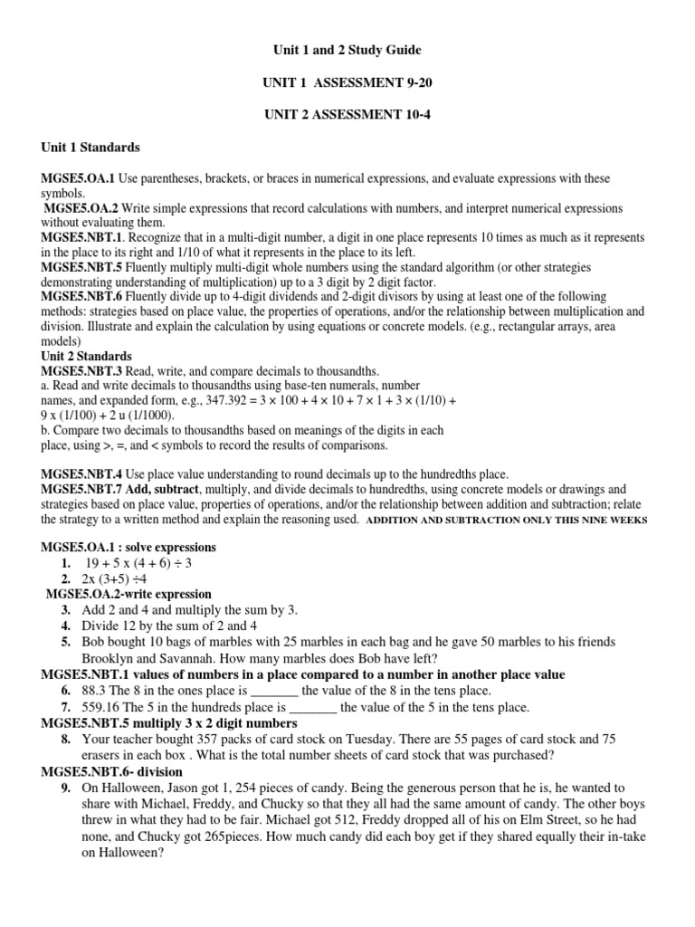 Unit 1 and 2 Study Guide | PDF | Multiplication | Division (Mathematics)