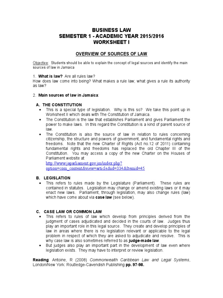 Worksheet 1 - Overview of Sources of Law | PDF | Precedent | Sources Of Law