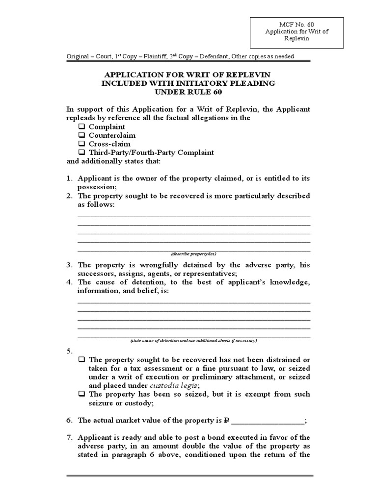 MCF 60 Application for Writ of Replevin | Writ | Judgment (Law)