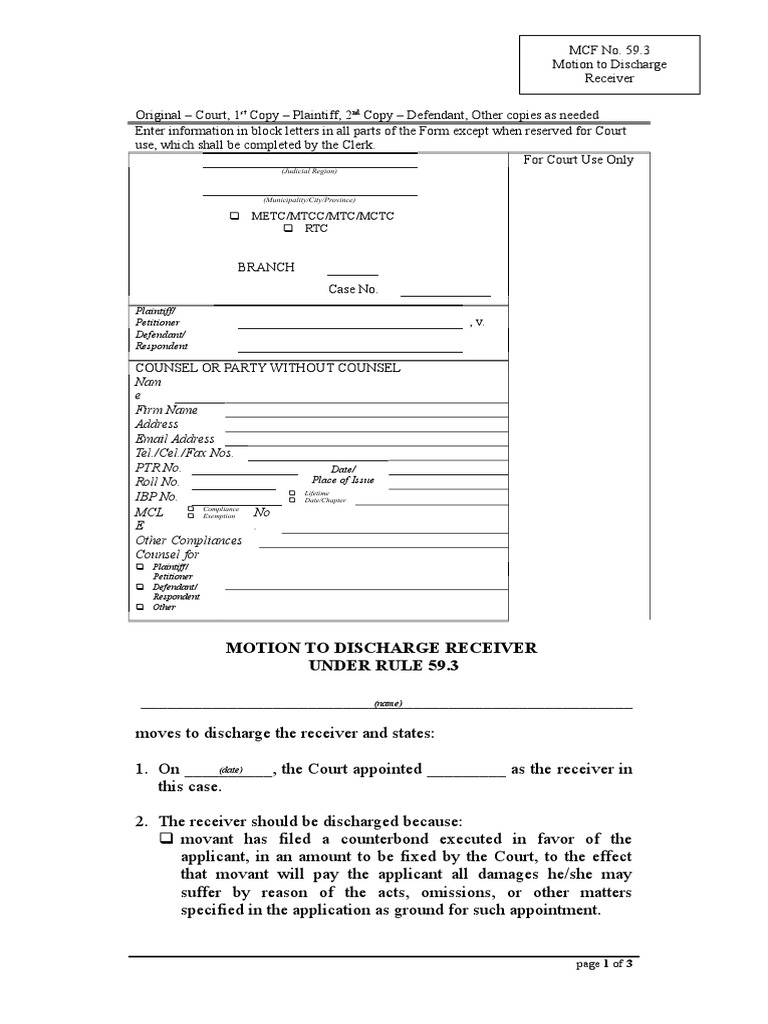 MCF 59.3 Motion To Discharge Receiver | PDF | Surety Bond | Government Information
