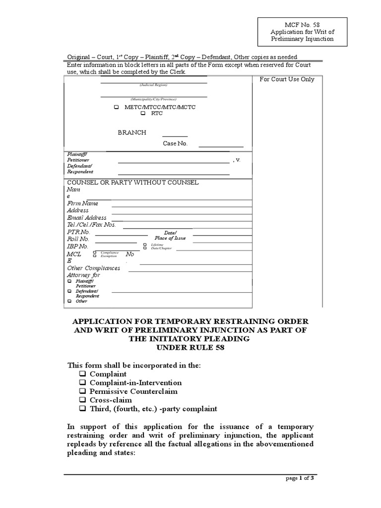 MCF 58 Application For Writ of Preliminary Injunction | PDF | Restraining Order | Complaint