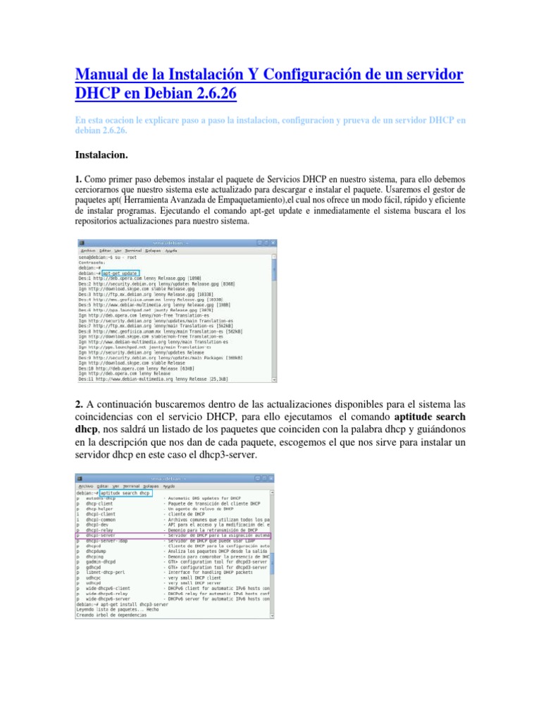 Guía paso a paso para configurar un servidor DHCP en Debian 2.6.26 | PDF | Protocolo de ...