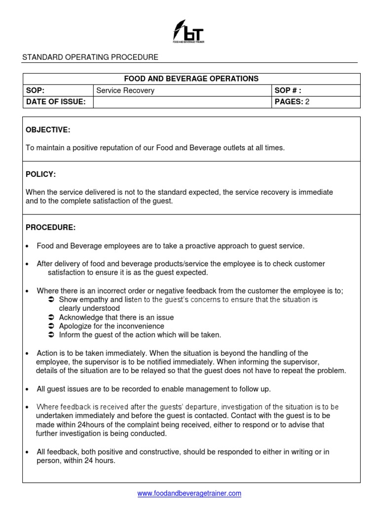 Service Recovery SOP for Food & Beverage | PDF | Empathy | Business
