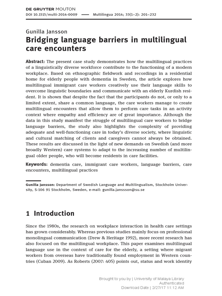 (Bridging Language Barriers in Multilingual Care Encounters | PDF ...